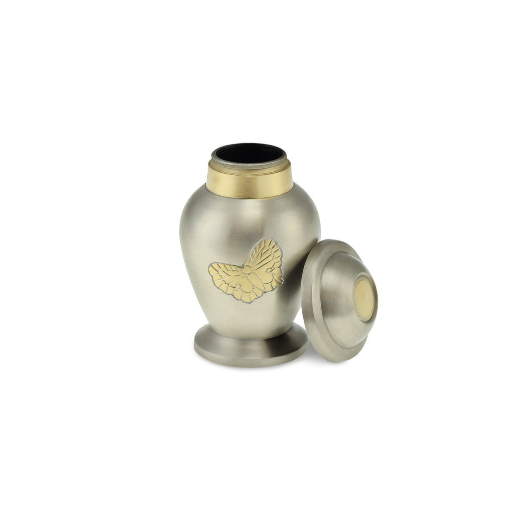 Adult brass keepsake urn, matt pewter with brass-coloured butterflies ...